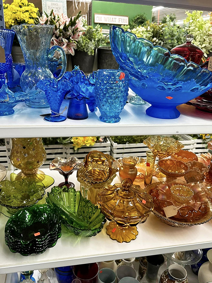Vintage-inspired glassware that would make your grandmother both nostalgic and jealous. Blue hobnail meets amber depression glass in this colorful treasure trove.