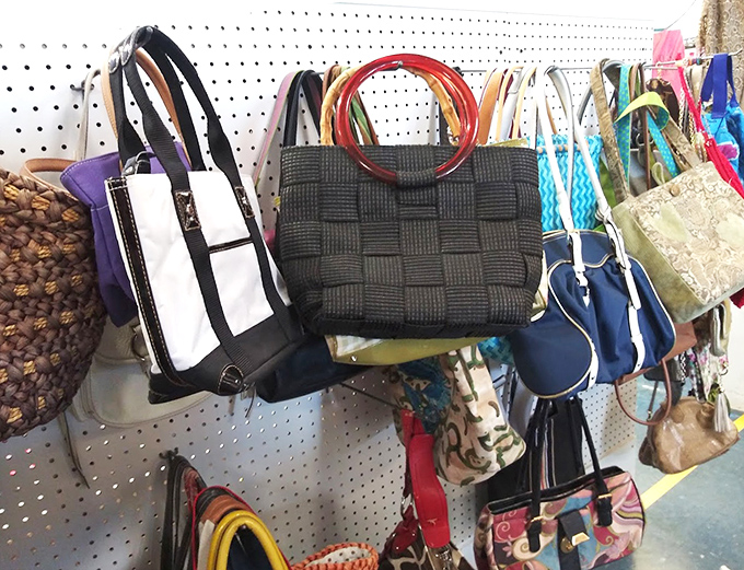 Handbag heaven hanging from pegboard paradise &ndash; from woven summer totes to structured leather purses, arm candy awaits at a fraction of retail prices.
