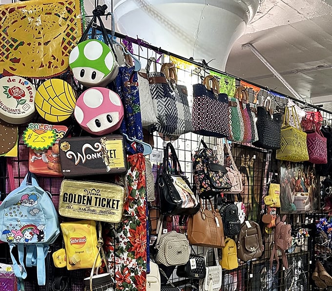 Bag collectors, beware! This wall of temptation features everything from Wonka's Golden Ticket to Mario's mushrooms on fashionable accessories.