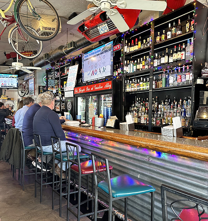 The bar at Gasoline Alley isn't just stocked&mdash;it's a liquid library. With bicycles overhead and memorabilia everywhere, drinking here is like imbibing inside a museum.