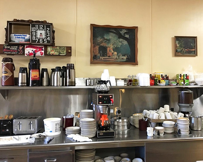 Coffee station simplicity that promises the caffeine will be flowing as freely as the conversation at this local gathering spot.