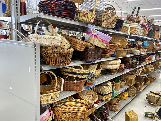 Basket case! This wicker wonderland would make even Martha Stewart lose her composure. One person's abandoned picnic carrier is another's farmhouse decor.