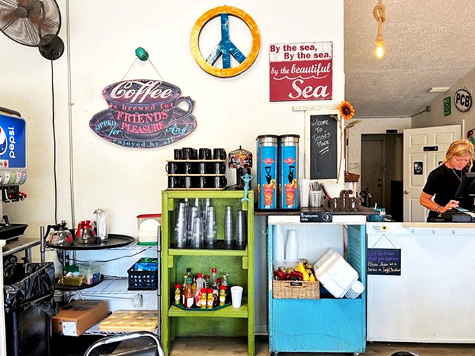 The coffee station where morning magic happens, complete with peace signs and seaside decor. Caffeine with a side of coastal vibes.