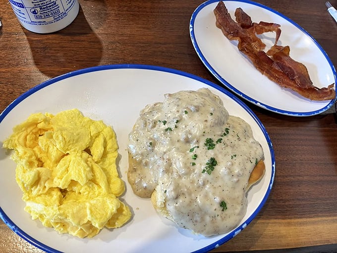 Biscuits and gravy: Southern comfort in its purest form. This plate has solved more problems than therapy.