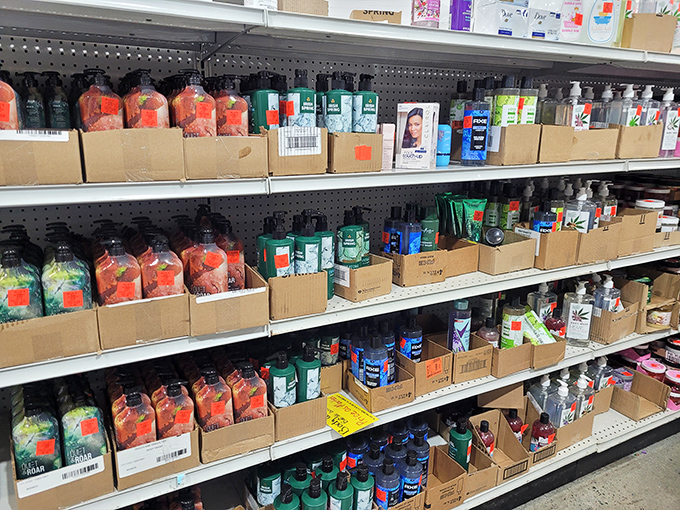 Personal care products arranged with chaotic precision &ndash; proof that smelling good and staying clean doesn't require emptying your bank account.