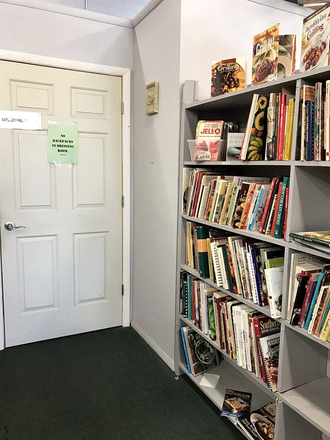 A cookbook collection that spans decades—Julia Child rubbing spines with forgotten Jell-O masterpiece manuals from 1972.