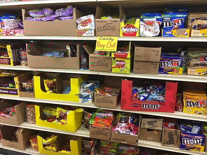 Candy aisles create a sugar-coated wonderland where childhood dreams meet adult purchasing power and reasonable prices.