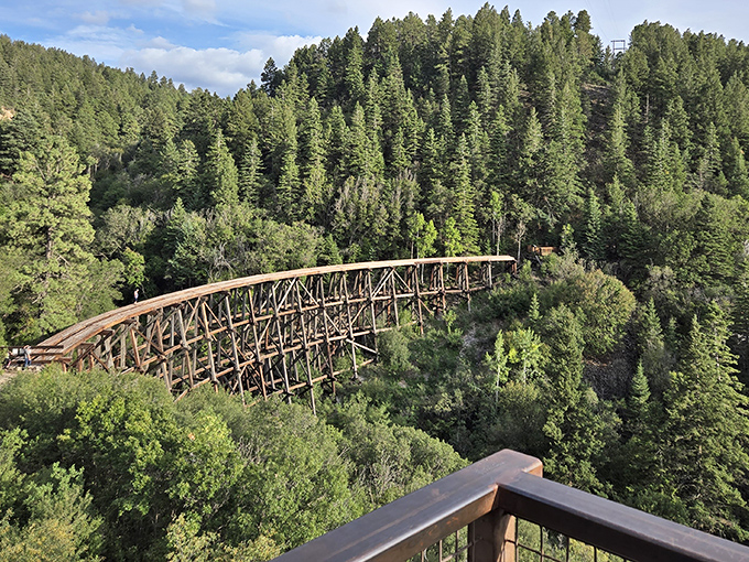 The old trestle stands as a testament to human ingenuity meeting nature's raw, untamed beauty.