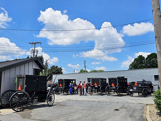 Buggy parking only! Middlebury's transportation hub looks like a scene from a movie set, except these horse-powered vehicles are the real deal.