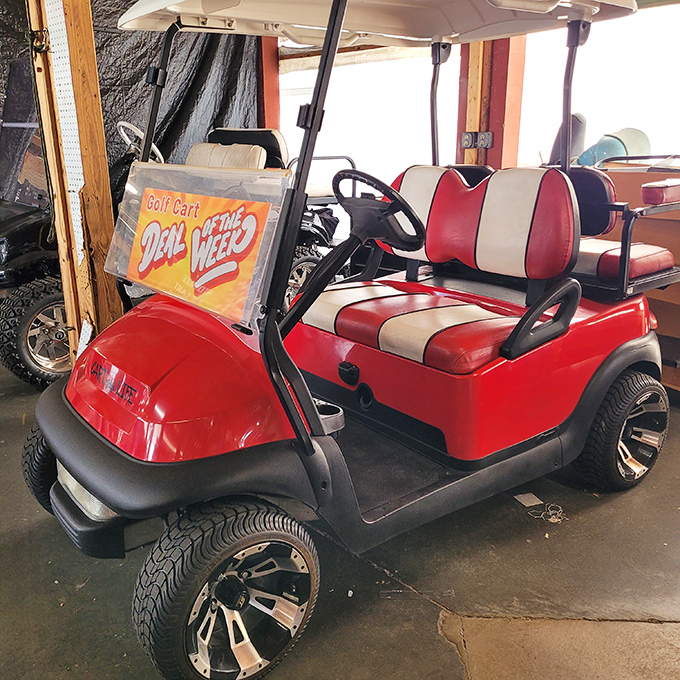 The Florida retiree's chariot of choice gets a candy-apple makeover, proving even golf carts deserve a midlife crisis.