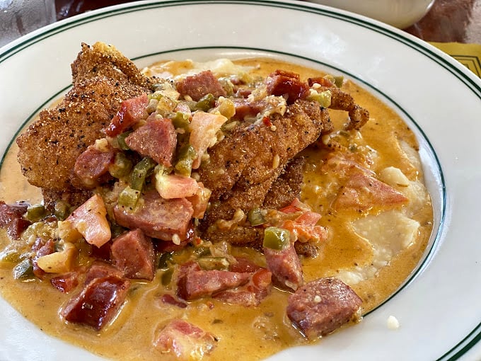 Southern comfort in its purest form&mdash;crispy catfish swimming in a sea of creamy, savory goodness. Diet culture weeps in the corner.