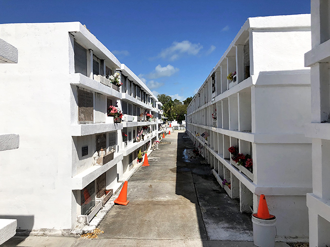 These multi-tiered crypts create a stark corridor of memories&mdash;like browsing a library where each compartment holds a lifetime of stories.