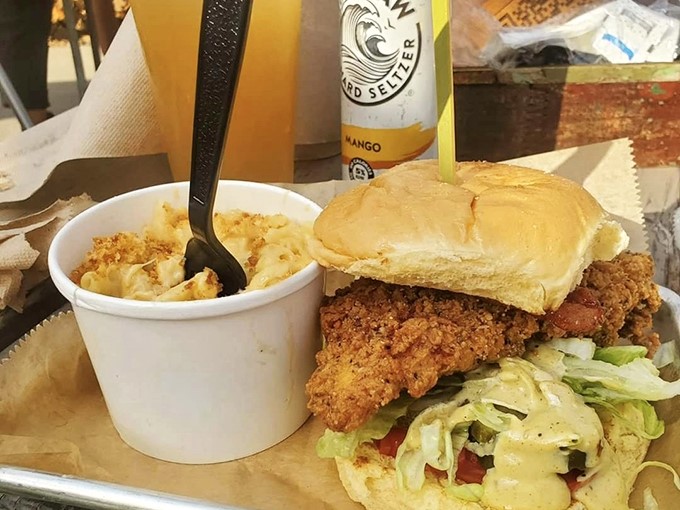 This fried chicken sandwich isn't messing around. The golden crust promises a perfect crunch that'll have you contemplating a second order before finishing the first.