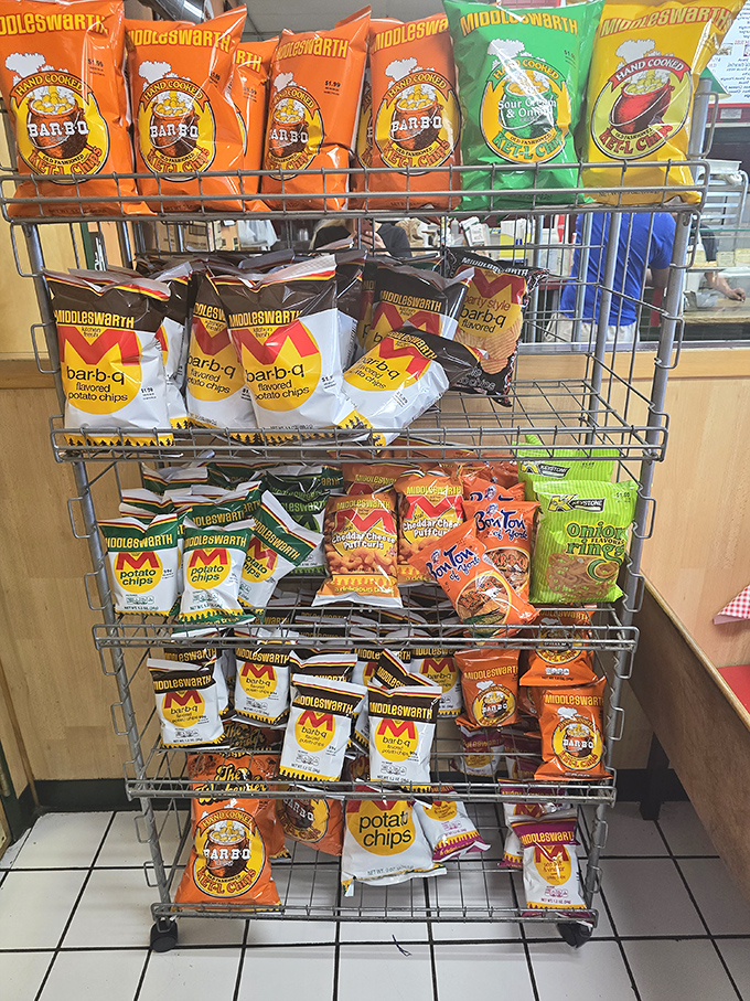A snack rack that proves potato chips are the supporting actors that deserve their own Oscar category in the meal experience.