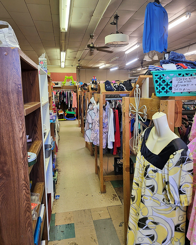The clothing section: where fashion trends of yesteryear await their inevitable comeback. That yellow patterned blouse is just waiting for its renaissance moment.