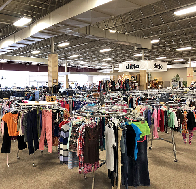 The clothing section stretches as far as the eye can see. Circular racks hold everything from casual tees to formal wear, all waiting for a second chance.