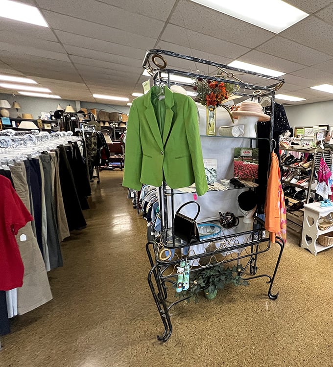 That lime green blazer is making a statement louder than a teenager's music. Someone's about to score the ultimate thrift find!