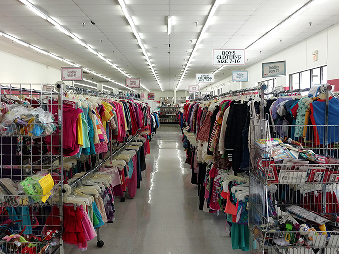 The children's clothing section: a rainbow of possibilities where tiny fashionistas can build wardrobes without parents needing second mortgages.