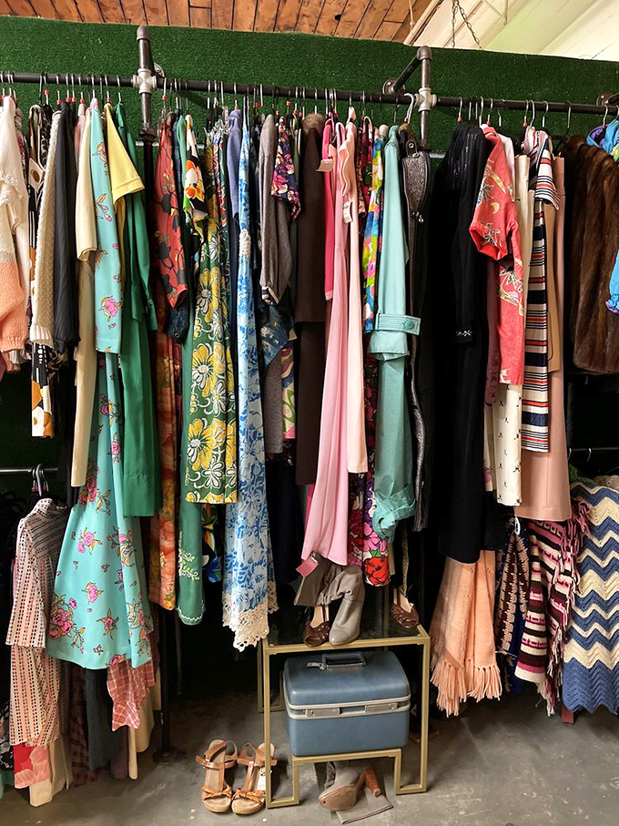 A rainbow of vintage fashion where every garment has a story. That mint green dress probably attended some fabulous cocktail parties in its heyday.