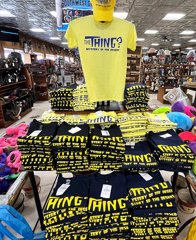 The souvenir t-shirt display: a yellow beacon of "I was there" bragging rights. Desert chic meets conversation starter for your next family reunion.