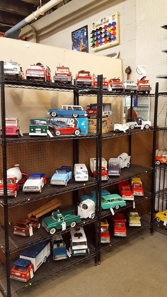 Toy trucks lined up like a parade of American automotive history—miniature memories that transport grown men back to childhood afternoons on living room floors.