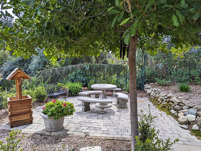 Al fresco dining, Victorian-style. This charming stone table setting waits patiently for your picnic basket and perhaps a spot of afternoon tea.