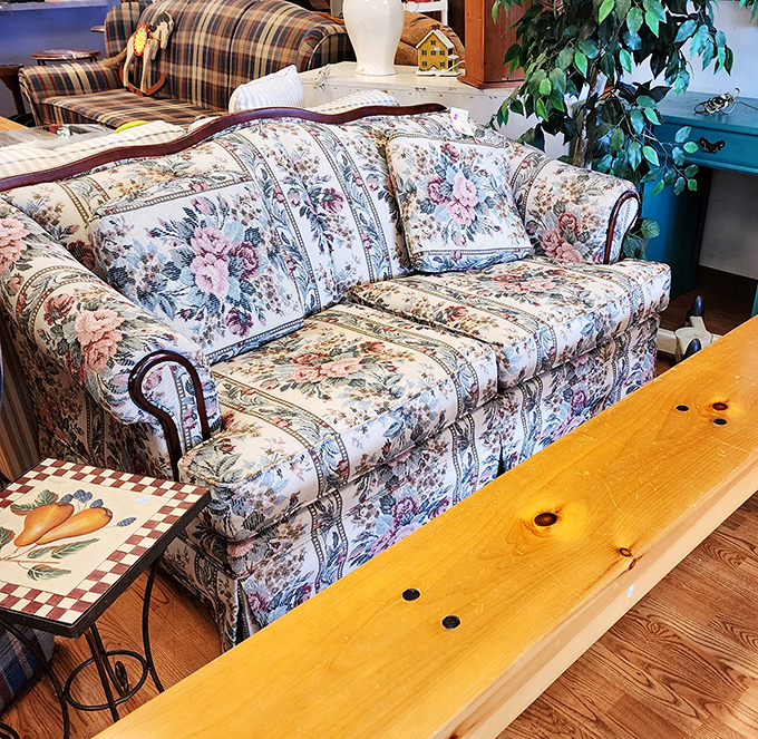 The infamous "grandma's living room" floral couch—practically new, surprisingly comfortable, and waiting to become the conversation piece in your home.
