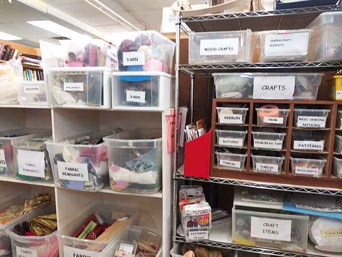 Crafters, rejoice! These meticulously organized bins of fabric, yarn, and notions are a DIY enthusiast's dream come true. 