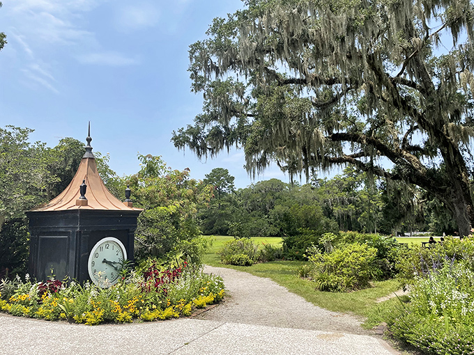 This charming garden clock tower reminds visitors that at Magnolia, time moves at nature's pace, not Wall Street's.