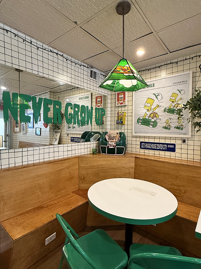 The "Never Grow Up" corner&mdash;complete with Simpsons memorabilia and playful decor&mdash;where sandwich enthusiasts can embrace their inner child.