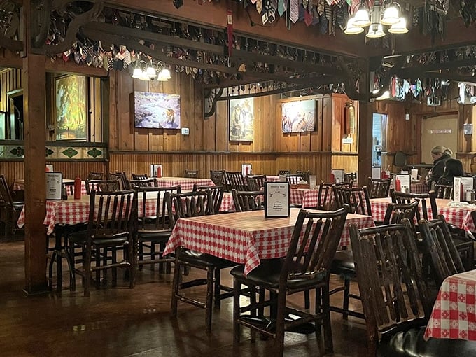 Every table tells a story of celebrations past and steaks devoured. The empty dining room waits patiently for the dinner rush.
