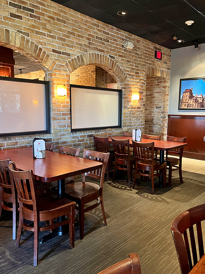 Exposed brick arches frame dining areas that feel both spacious and intimate. The perfect setting for everything from first dates to "we've been married 40 years" celebrations.