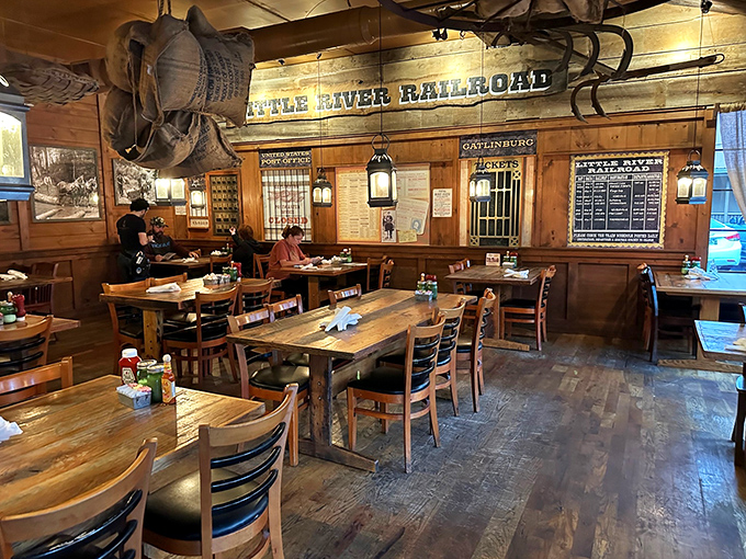 Railroad memorabilia and weathered wood create the perfect backdrop for morning conversations that meander like a mountain stream.
