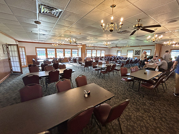 The spacious dining room hums with conversation and the gentle clink of forks against plates. No rush here&mdash;good food deserves your full attention.