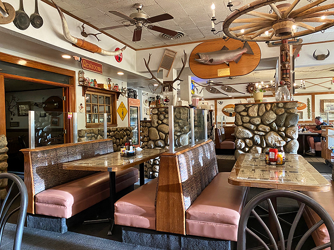 Booths designed for comfort and conversation, with enough Western charm to remind you you're in the land where outdoor adventures begin with serious fuel.