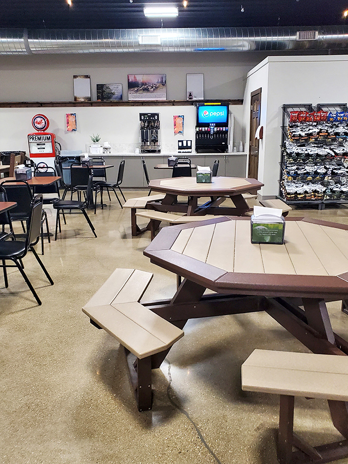 Octagonal tables that invite conversation and community—the kind of place where strangers become friends over coffee and cinnamon rolls.