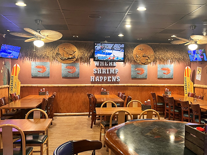 "WHERE SHRIMP HAPPENS" isn't just a cute sign &ndash; it's the restaurant's philosophy in three perfect words.