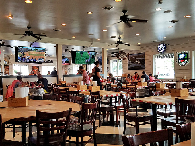Tables await like blank canvases ready for seafood masterpieces. The ceiling fans spin stories of countless crab feasts and butter-drenched memories.