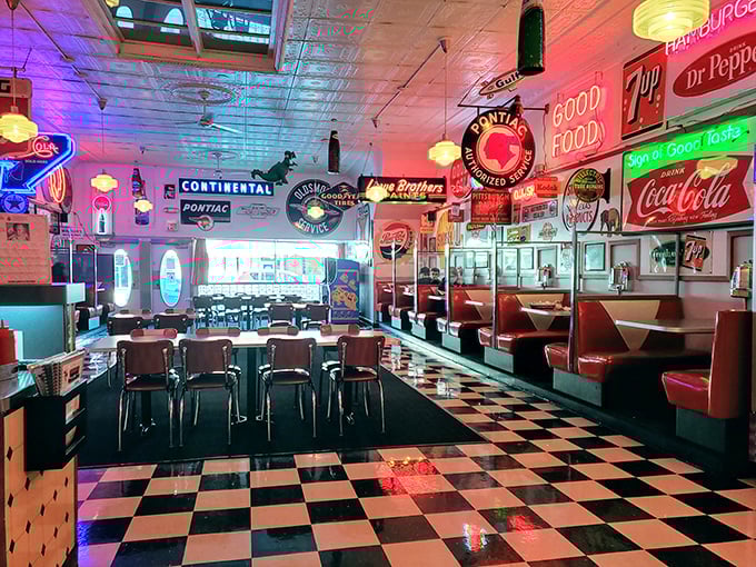 The checkerboard floor has witnessed first dates, business deals, and family celebrations. These booths could write a book about Archbold's history.