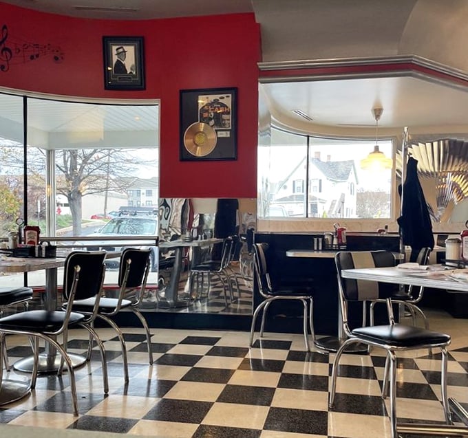 Red walls, vintage memorabilia, and those classic chrome chairs—this isn't just dining, it's time travel with the bonus of pancakes.
