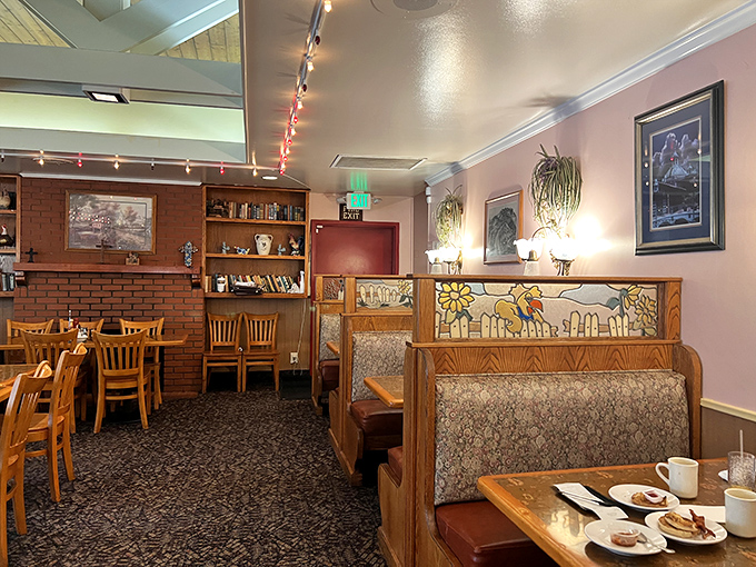 Booths with stained glass accents and brick walls create an atmosphere that says, "Stay awhile, your diet can wait until tomorrow."
