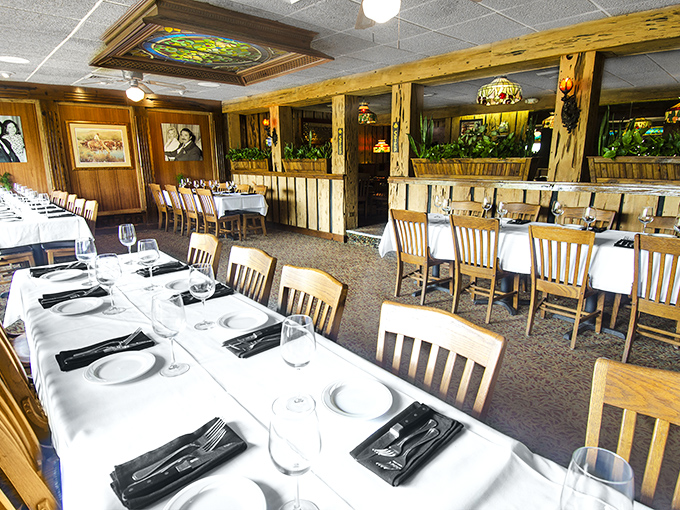 White tablecloths, wooden chairs, and stained glass accents create the perfect backdrop for meat-centric celebrations. Elegant enough for anniversaries, comfortable enough for Tuesday.
