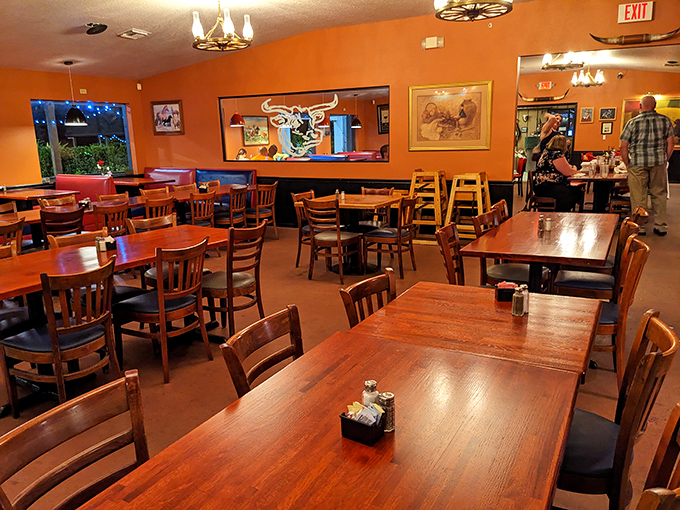 Tables spaced for conversation, not eavesdropping&mdash;a dining room designed when "social" meant actually talking to your dinner companions.