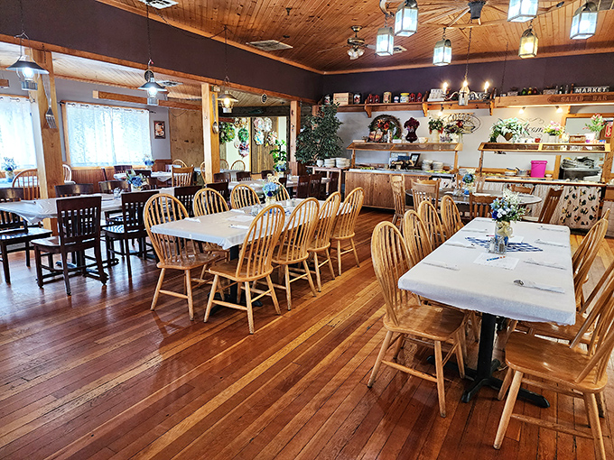 Wooden chairs that have heard a thousand stories, tables ready for the next feast, and lighting that flatters both the food and the diners.
