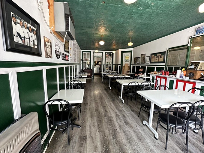 The dining room's nostalgic charm comes from decades of serving great food, not from some designer's "retro diner" Pinterest board.