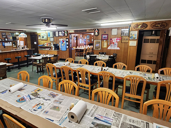 The dining room waits patiently each morning, tables dressed in newspaper, ready for the day's seafood symphony to begin.