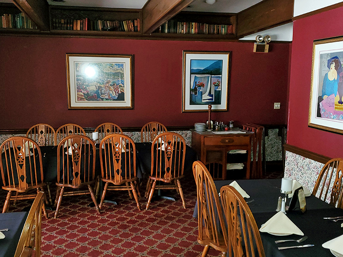 Books line the walls creating a cozy library atmosphere where good food and good stories naturally converge.