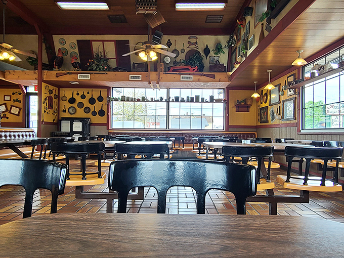 The dining room's warm wood tones and eclectic wall decorations create an atmosphere where time slows down and conversations flow as easily as the coffee.
