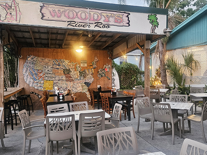 License plates and weathered wood tell stories of travelers past. The best Florida joints always feel like they've been waiting for you.