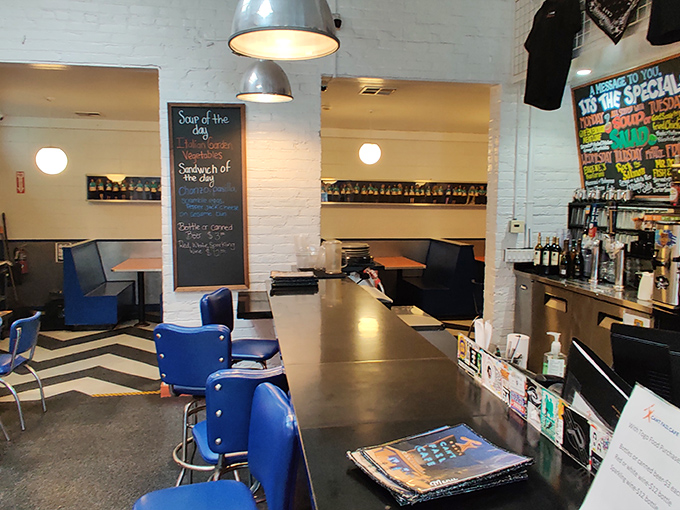 The dining area balances retro charm with modern comfort, where every seat feels like the best one in the house.